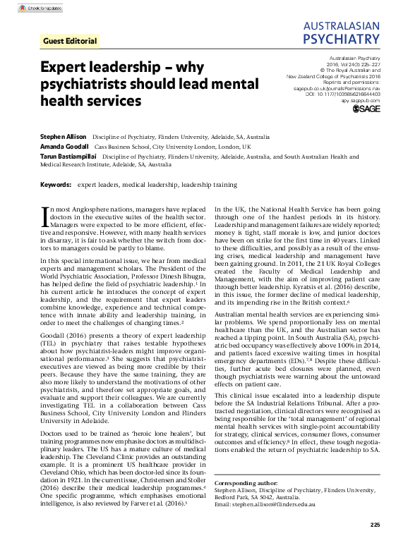 (PDF) Expert leadership – why psychiatrists should lead mental health ...