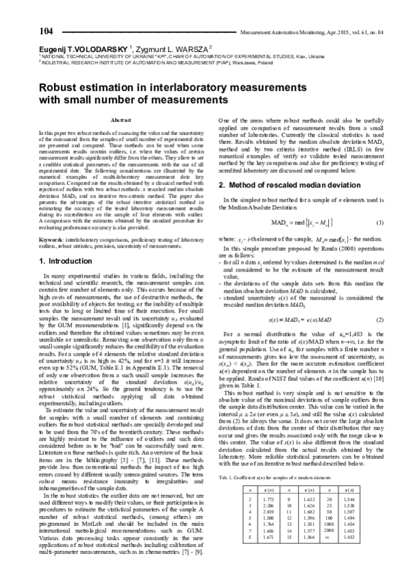 (PDF) Robust estimation in interlaboratory measurements with small ...