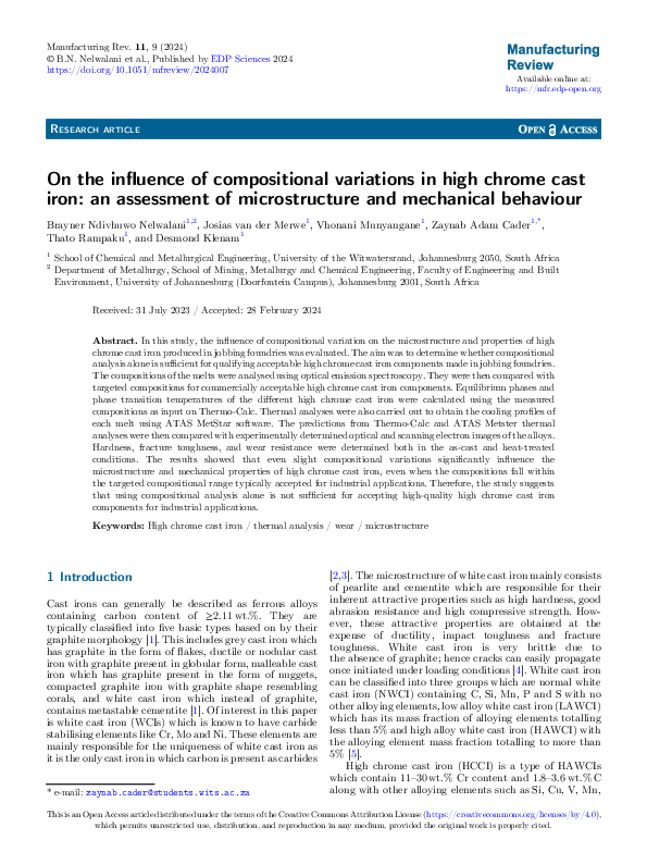 (PDF) On the influence of compositional variations in high chrome cast iron: an assessment of ...