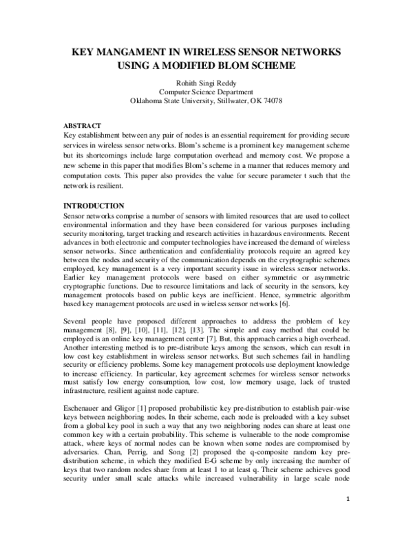 (PDF) Key Management in Wireless Sensor Networks Using a Modified Blom Scheme