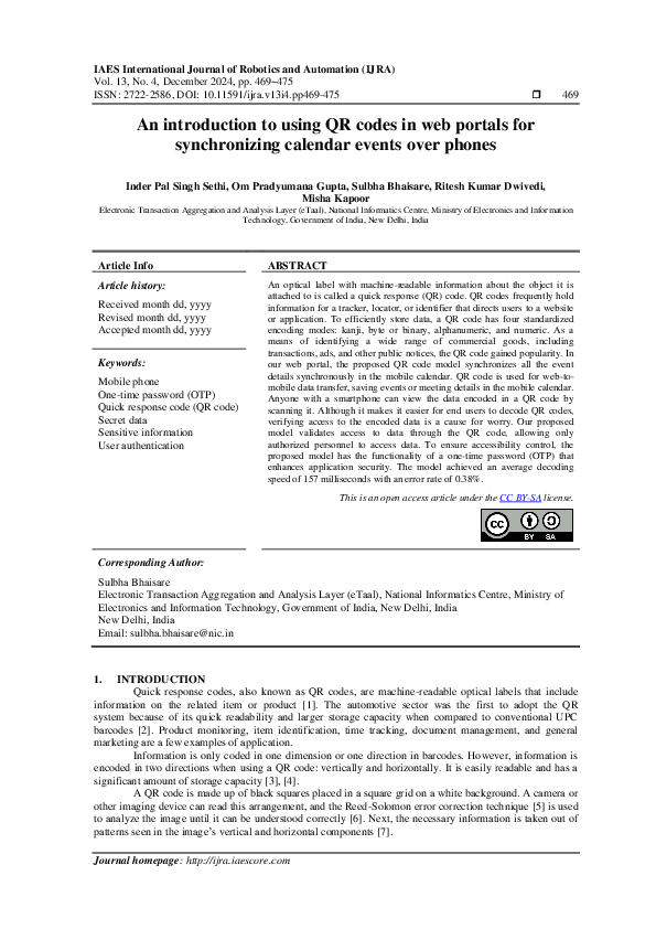 (PDF) An introduction to using QR codes in web portals for synchronizing calendar events over phones