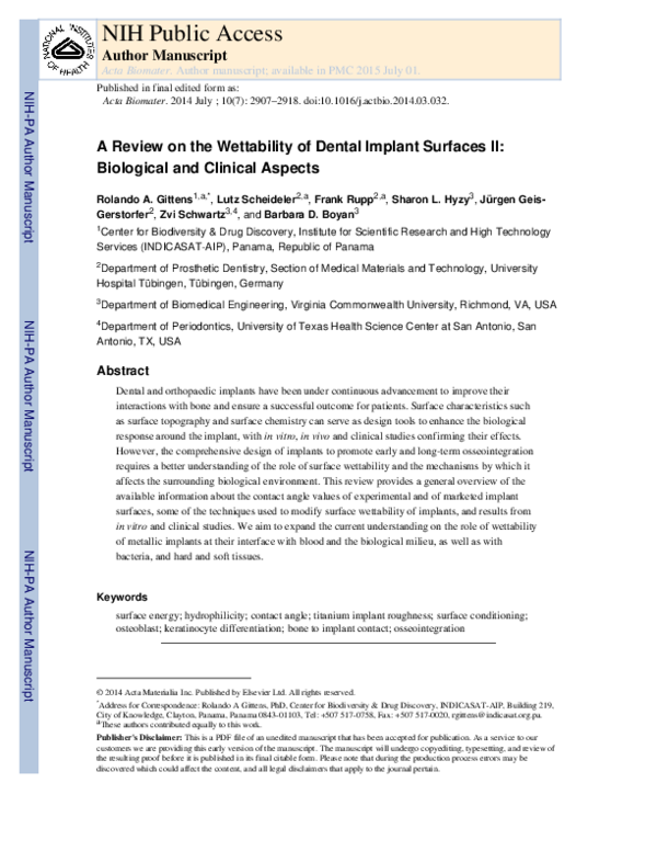 (PDF) A review on the wettability of dental implant surfaces II ...