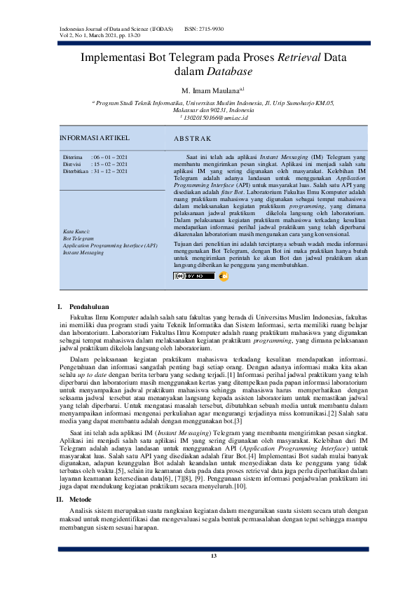 (PDF) Implementasi Bot Telegram pada Proses Retrieval Data dalam Database