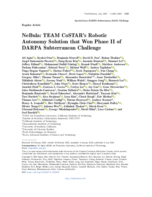 (PDF) NeBula: TEAM CoSTAR’s Robotic Autonomy Solution that Won Phase II of DARPA Subterranean ...