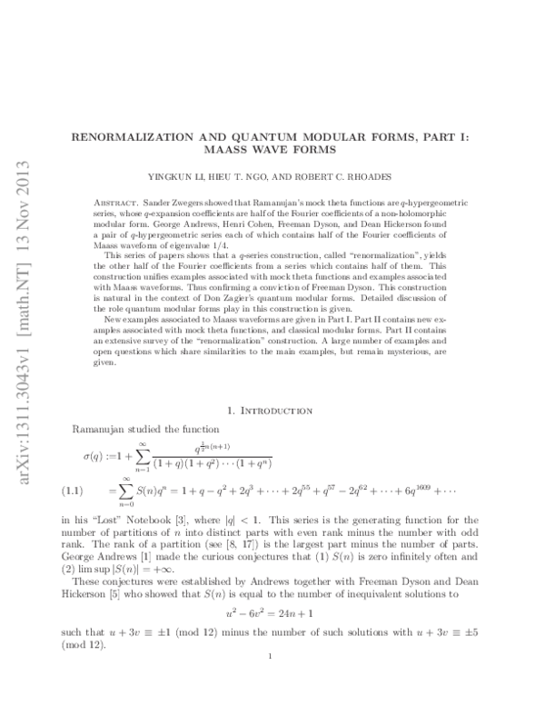Pdf Renormalization And Quantum Modular Forms Part I Maass Wave Forms