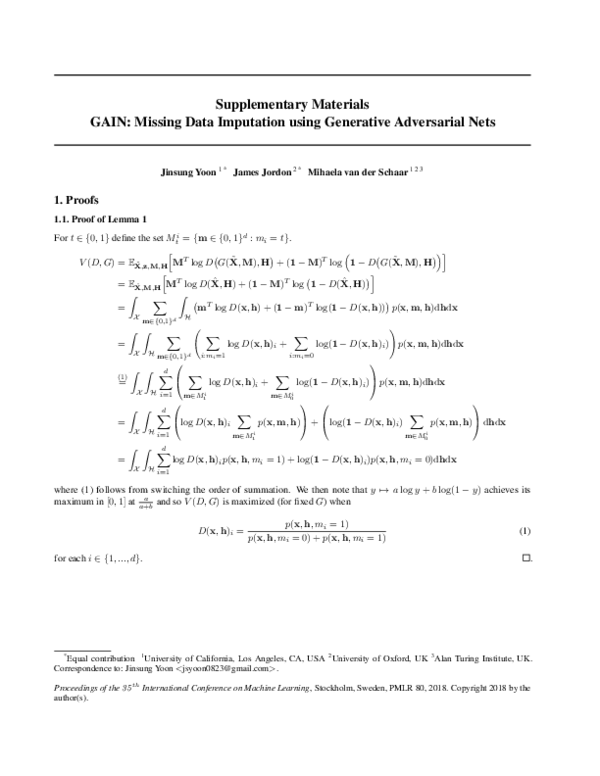 (PDF) GAIN: Missing Data Imputation using Generative Adversarial Nets