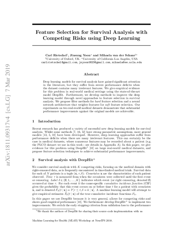 (PDF) Feature Selection for Survival Analysis with Competing Risks using Deep Learning
