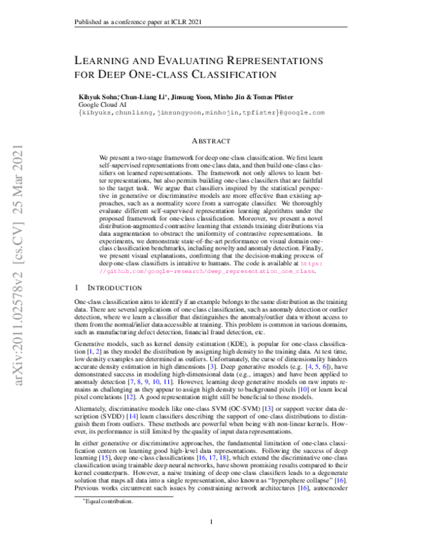 (PDF) Learning and Evaluating Representations for Deep One-class Classification