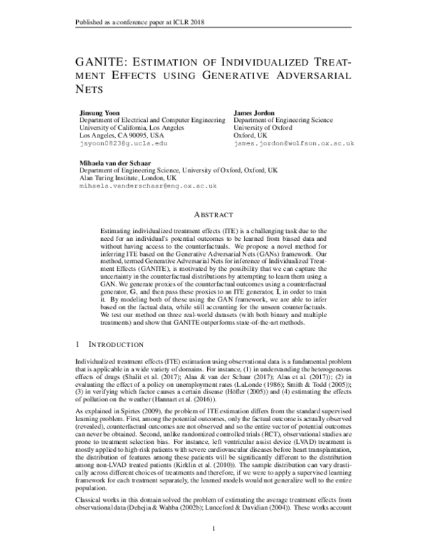 (PDF) GANITE: Estimation of Individualized Treatment Effects using ...