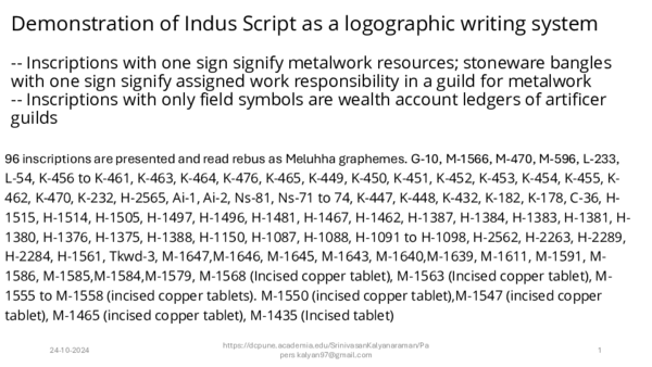 (PDF) Demonstration of Indus Script as a logographic writing system