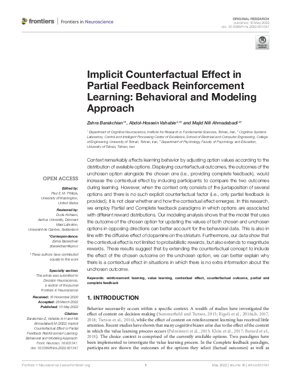 (PDF) Implicit Counterfactual Effect in Partial Feedback Reinforcement Learning: Behavioral and ...