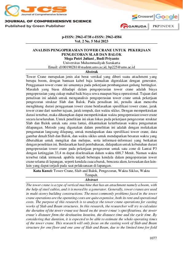 (PDF) Analisis Pengoperasian Tower Crane Untuk Pekerjaan Pengecoran Slab Dan Balok
