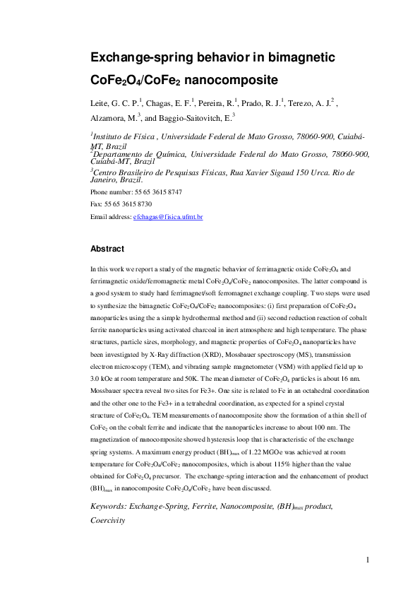 (PDF) Exchange-spring behavior in bimagnetic CoFe2O4/CoFe2 nanocomposite