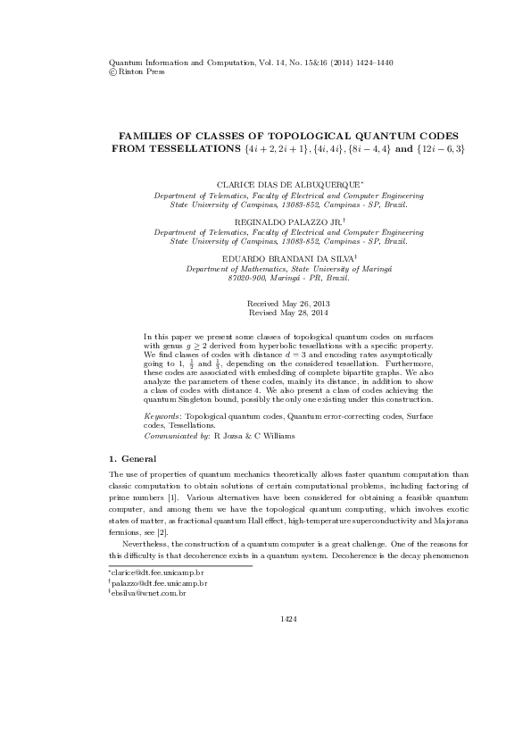 (PDF) Families of codes of topological quantum codes from tessellations ...
