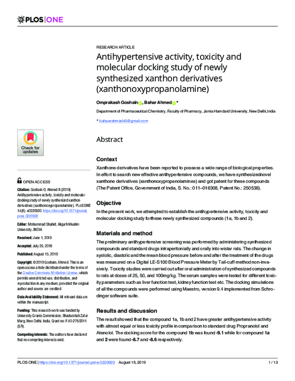 (PDF) Antihypertensive activity, toxicity and molecular docking study ...