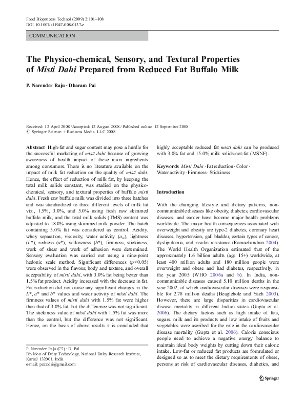 (PDF) The Physico-chemical, Sensory, and Textural Properties of Misti Dahi Prepared from Reduced ...