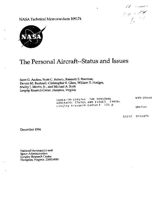(PDF) Personal Aircraft: Status and Issues