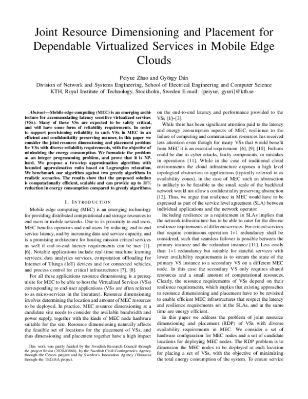 (PDF) Joint Resource Dimensioning and Placement for Dependable Virtualized Services in Mobile ...