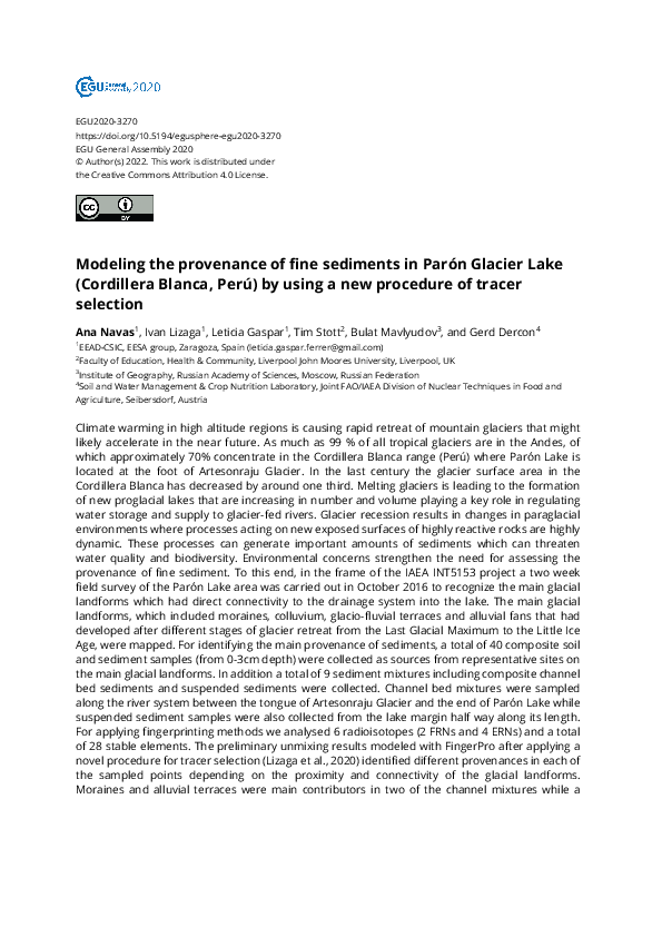 (PDF) Modeling the provenance of fine sediments in Parón Glacier Lake ...