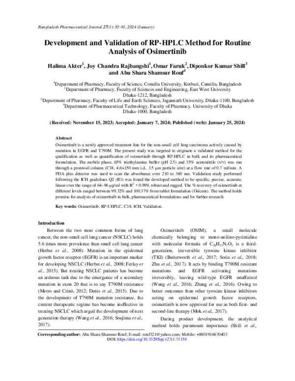 Pdf Development And Validation Of Rp Hplc Method For Routine Analysis Of Osimertinib