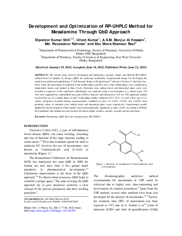 (PDF) Development and Optimization of RP-UHPLC Method for Mesalamine Through QbD Approach