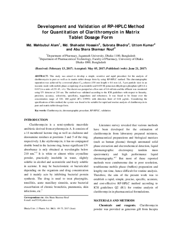(PDF) Development and Validation of RP-HPLC Method for Quantitation of Clarithromycin in Matrix ...