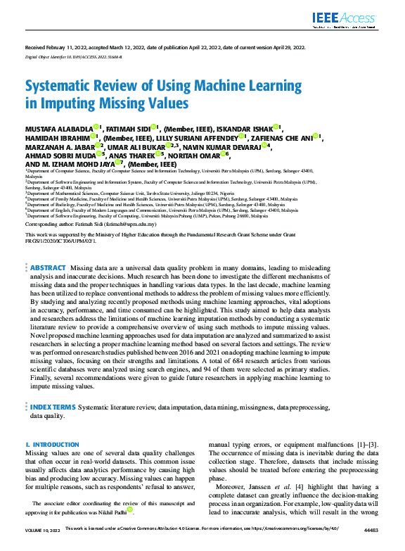 (PDF) Systematic Review of Using Machine Learning in Imputing Missing ... (PDF) Systematic Review of Using Machine Learning in Imputing Missing ...