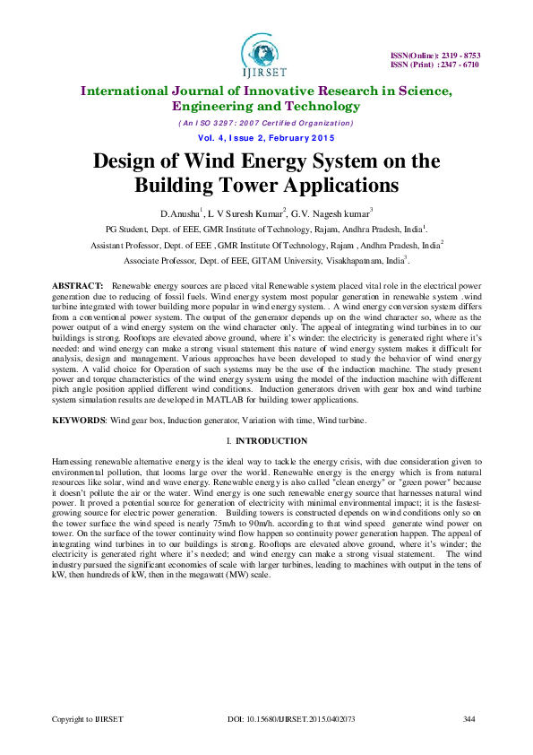 (PDF) Design of Wind Energy System on theBuilding Tower Applications