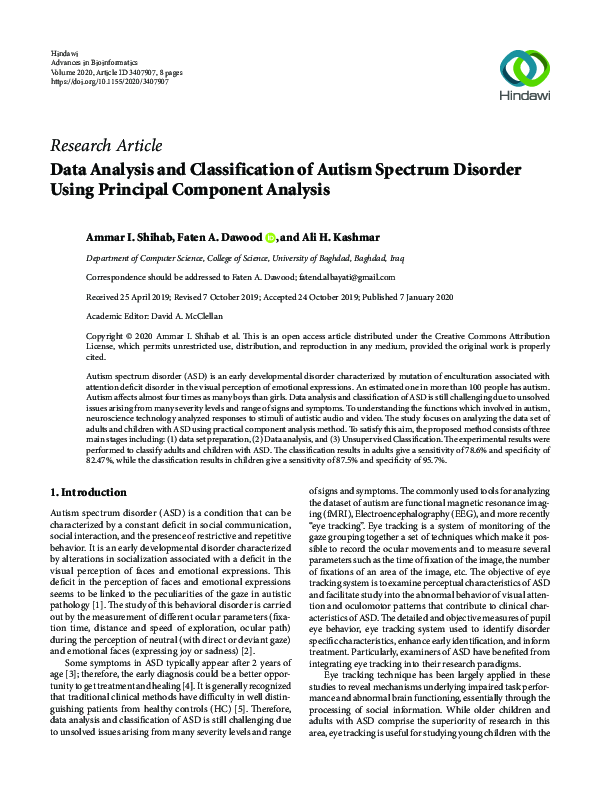 Pdf Data Analysis And Classification Of Autism Spectrum Disorder Using Principal Component