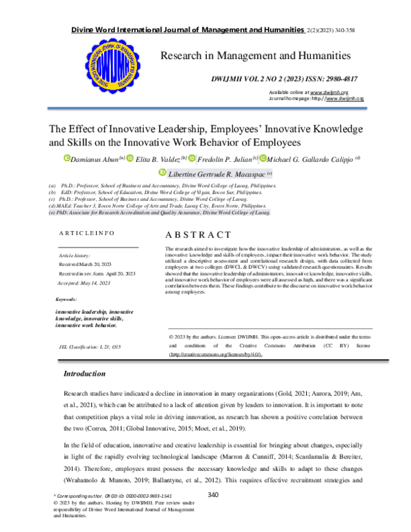 (PDF) The Effect of Innovative Leadership, Employees’ Innovative Knowledge and Skills on the ...