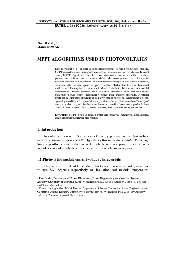 (PDF) MPPT algorithms used in of photovoltaics