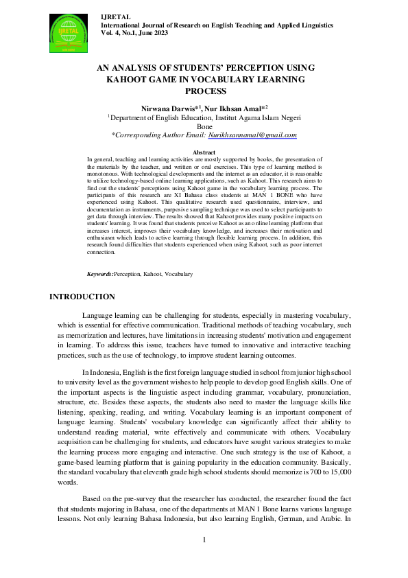 (PDF) An Analysis of Students’ Perception Using Kahoot Game in ...