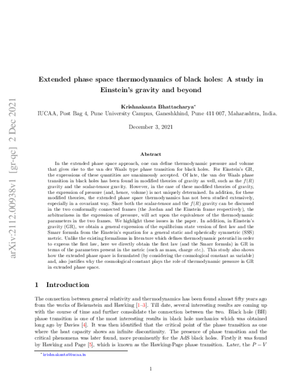 (PDF) Extended phase space thermodynamics of black holes: A study in Einstein's gravity and beyond