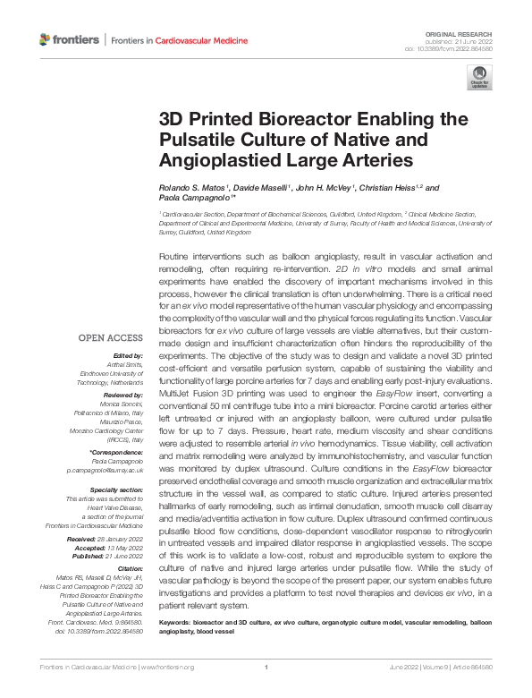 (PDF) 3D Printed Bioreactor Enabling the Pulsatile Culture of Native and Angioplastied Large ...