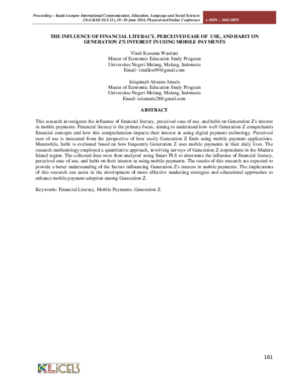 (PDF) THE INFLUENCE OF FINANCIAL LITERACY, PERCEIVED EASE OF USE, AND HABIT ON GENERATION Z'S ...