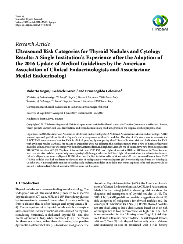 (PDF) Ultrasound Risk Categories for Thyroid Nodules and Cytology Results: A Single Institution ...