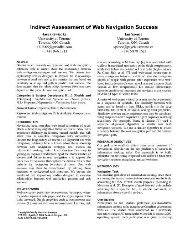 (PDF) Indirect assessment of web navigation success