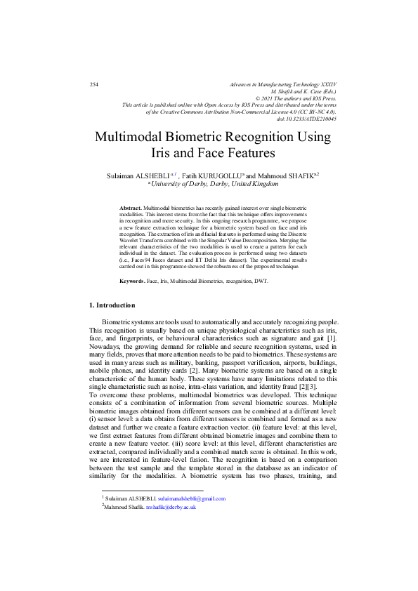 Pdf Multimodal Biometric Recognition Using Iris And Face Features