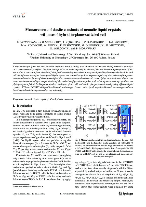 (PDF) Measurement of elastic constants of nematic liquid crystals with use of hybrid in-plane ...