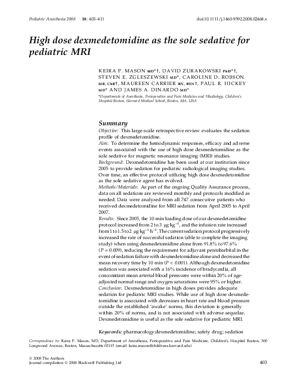 (PDF) High dose dexmedetomidine as the sole sedative for pediatric MRI