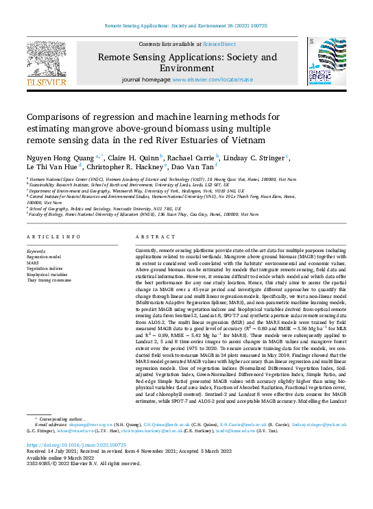 Pdf Comparisons Of Regression And Machine Learning Methods For Estimating Mangrove Above