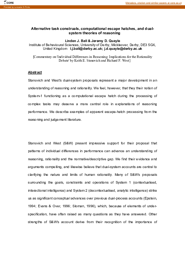 (PDF) Alternative task construals, computational escape hatches, and dual-system theories of ...