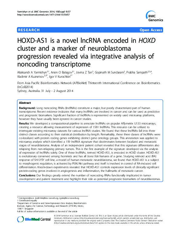 (PDF) HOXD-AS1 is a novel lncRNA encoded in HOXD cluster and a marker ...