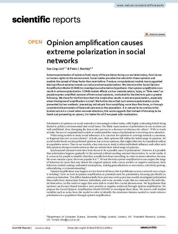 (PDF) Opinion amplification causes extreme polarization in social networks