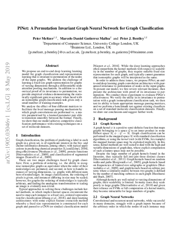 (PDF) PiNet: A Permutation Invariant Graph Neural Network for Graph Classification | Peter J ...