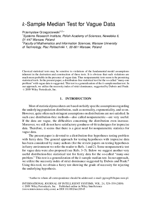 (PDF) K-Sample Median Test for Vague Data