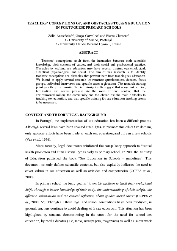 Pdf Teachers Conceptions Of And Obstacles To Sex Education In