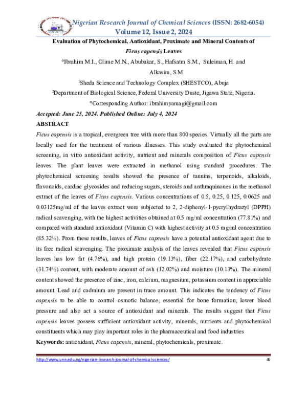 Pdf Evaluation Of Phytochemical Antioxidant Proximate And Mineral Contents Of Ficus Capensis