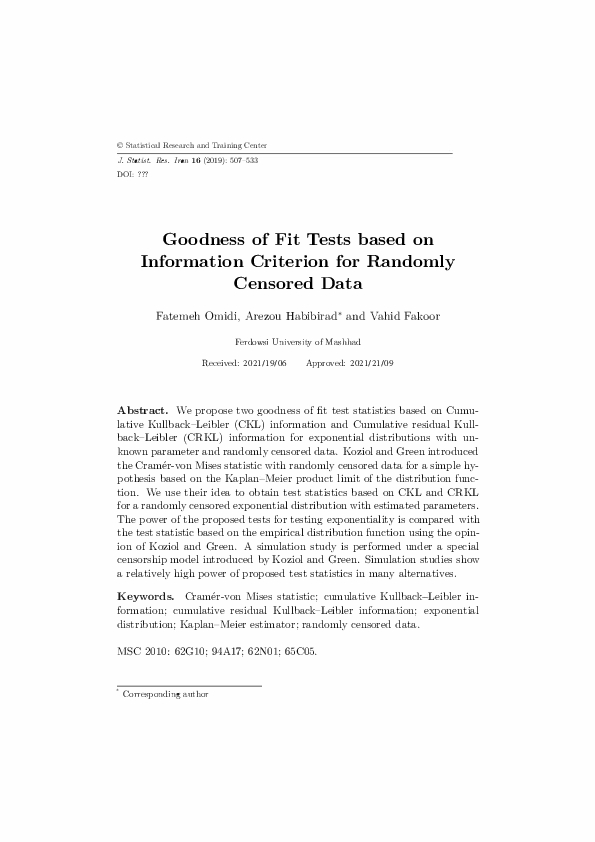 Pdf Goodness Of Fit Tests Based On Information Criterion For Randomly Censored Data Vahid