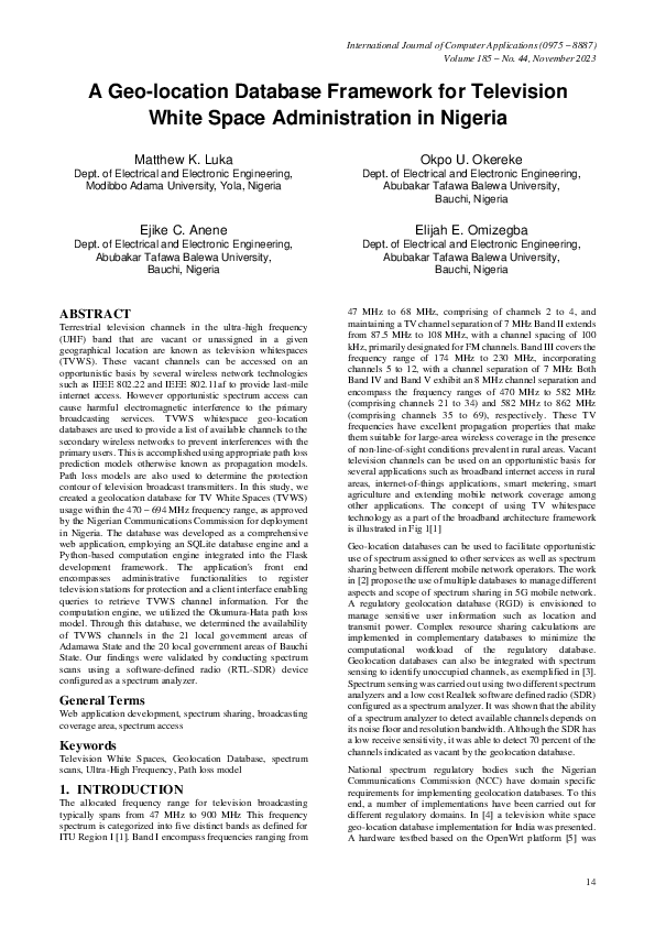 (PDF) A Geo-location Database Framework for Television White Space ...